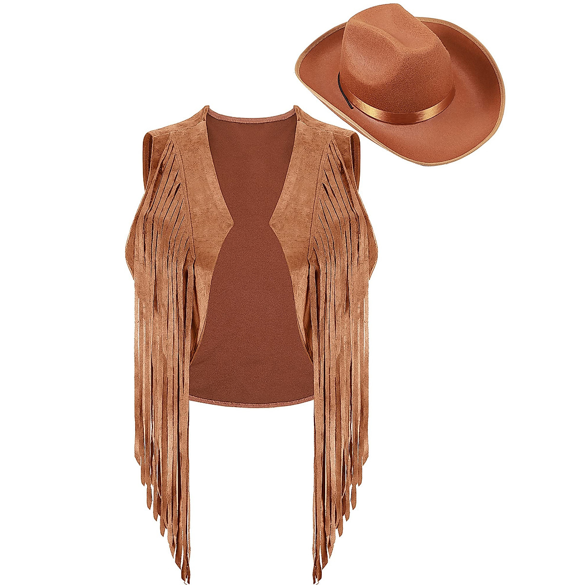 Zhanmai Fringe Vests Cowgirl Outfits for Women Faux Suede Tassels 70s Hippie Clothes Vest Jacket Western Cowgirl Hat(Brown, M)
