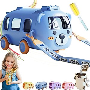 Portable Water Cup in Bus Shape with Strap, 16.9Oz Leak Proof Bus Shaped Water Cup Bottle, Portable Cute Bounce Flip Top Straw Drinking Bottle, Detachable Fun Cars Jug Toy for Camping (blue)