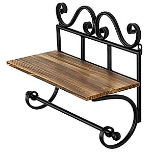MyGift Wall Mounted Black Metal Kitchen Paper Towel Holder and Burnt Solid Wood Storage Display Shelf Spice Rack with Vintage Scrollwork Design