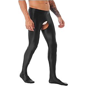 Jhaoyu Mens Glossy Crotchless Pantyhose High Waist Elastic Waistband Leggings Lingerie Nightwear Black#Footed Medium