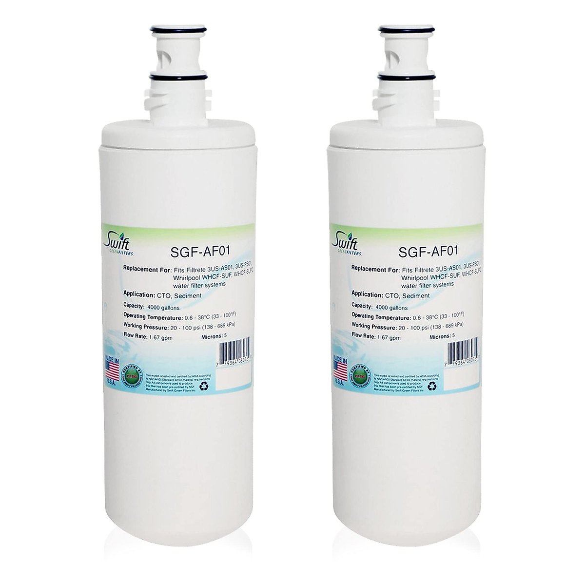 Swift Green Filters SGF-AF01 Compatible Undersink Water Filter for 3US-AF01,3US-AS01,3US-PS01,WHCF-SUF (2 Pack),Made in USA