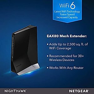 NETGEAR Nighthawk WiFi 6 Mesh Range Extender EAX80 - Add up to 2,500 sq. ft. and 30+ devices with AX6000 Dual-Band Wireless Signal Booster & Repeater (up to 6Gbps speed), plus Smart Roaming