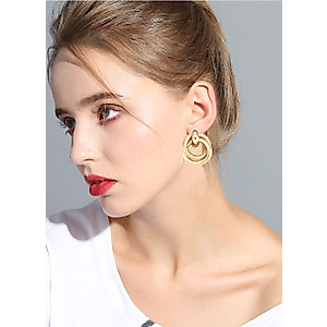 Twisted Earrings Round Double Circle Stud Earrings Statement Chunky Polished Drop Hoop Earrings for Women(gold)