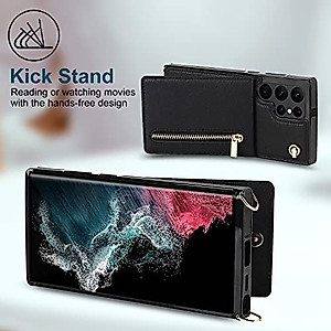DEFBSC Wallet Case for Samsung Galaxy S22 Ultra,PU Lanyard Neck Strap Case with Kickstand Zipper Wallet Card Holder, Adjustable Detachable Necklace Phone Protective Back Cover-Black
