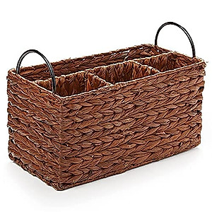 Americanflat Water Hyacinth Basket with Handles - Multipurpose Storage Organizer Caddy - 1 Large and 3 Small Compartments (Walnut Color)