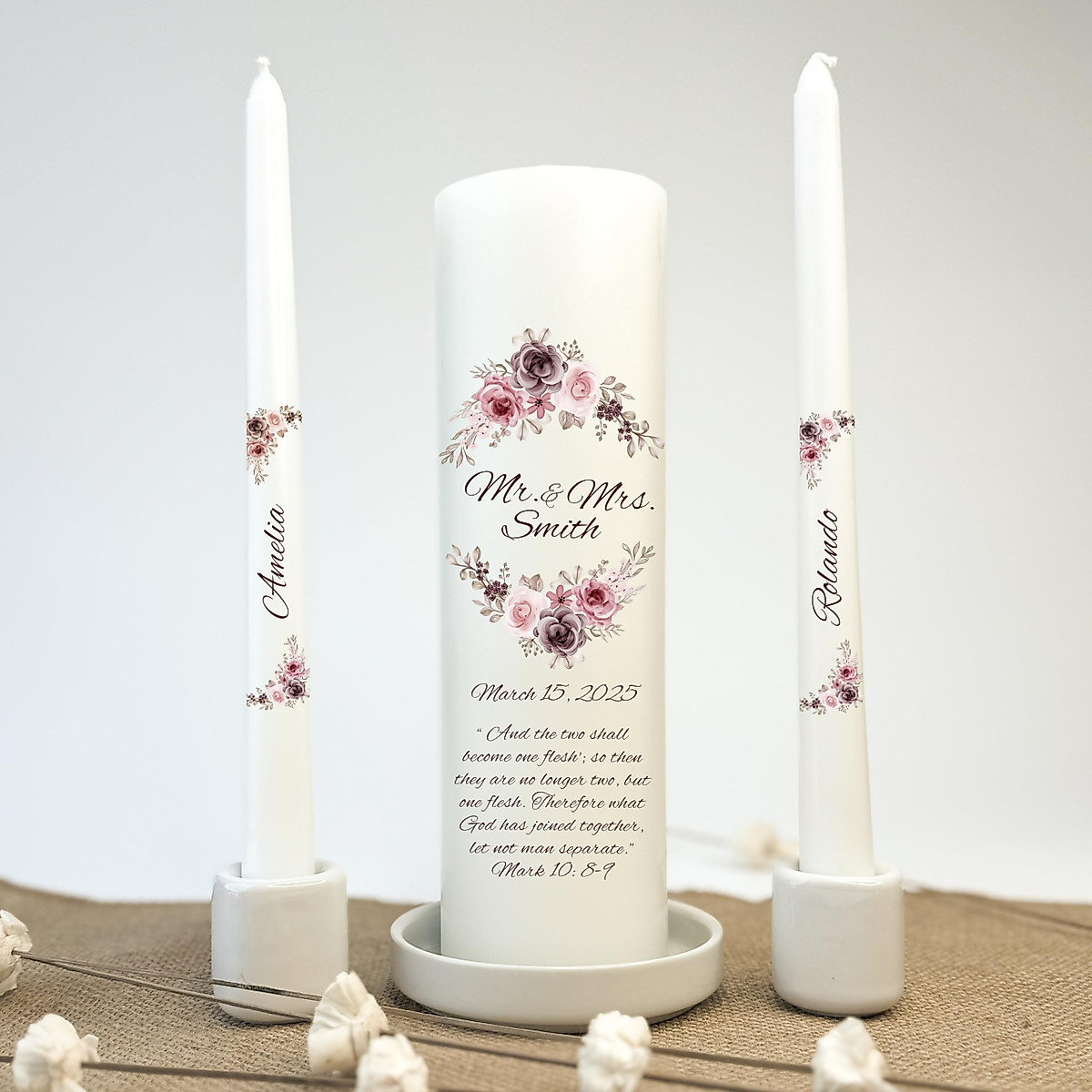 Unity Candles for Wedding, Mr and Mrs Unity Set, Custom and Personalized Pillar and Taper Candles with Bible Quote, Unscented White Premium Wax, Religious and Wedding Ceremony, Special Events