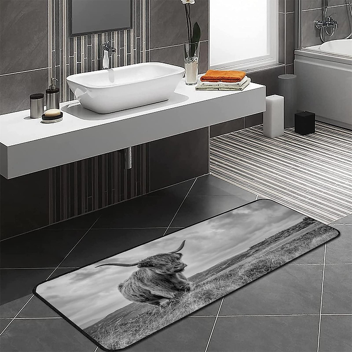 MoBlinko Highland Cow Kitchen Rugs Scotland Cattle Non Skid Bath Mat 39x 20 Inch Washable Standing Floor Mat Runner Carpet for Bathroom Home Office Farmhouse Laundry