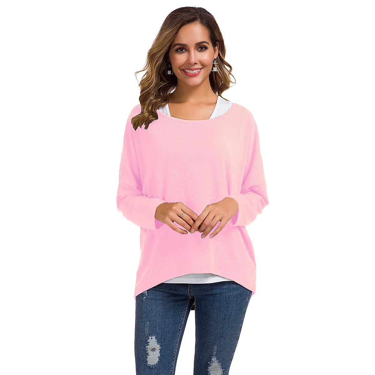 UGET Women's Oversized Baggy Tops Off Shoulder Loose Fitting Pullover Casual Blouse T-Shirt Sweater Long Batwing Sleeve X-Large Pink