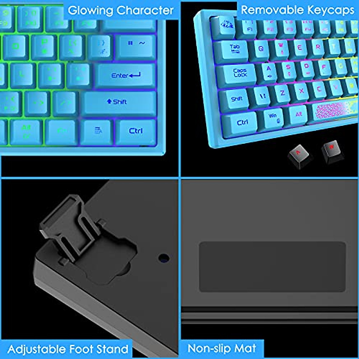 ZIYOU LANG K61 60% Gaming Keyboard Mini Portable with Rainbow RGB Backlit Ergonomic 62Key Layout 19Key Anti-ghosting Mechanical Feel Waterproof USB Wired for PC Mac Windows Gamer Laptop Typists(Blue)