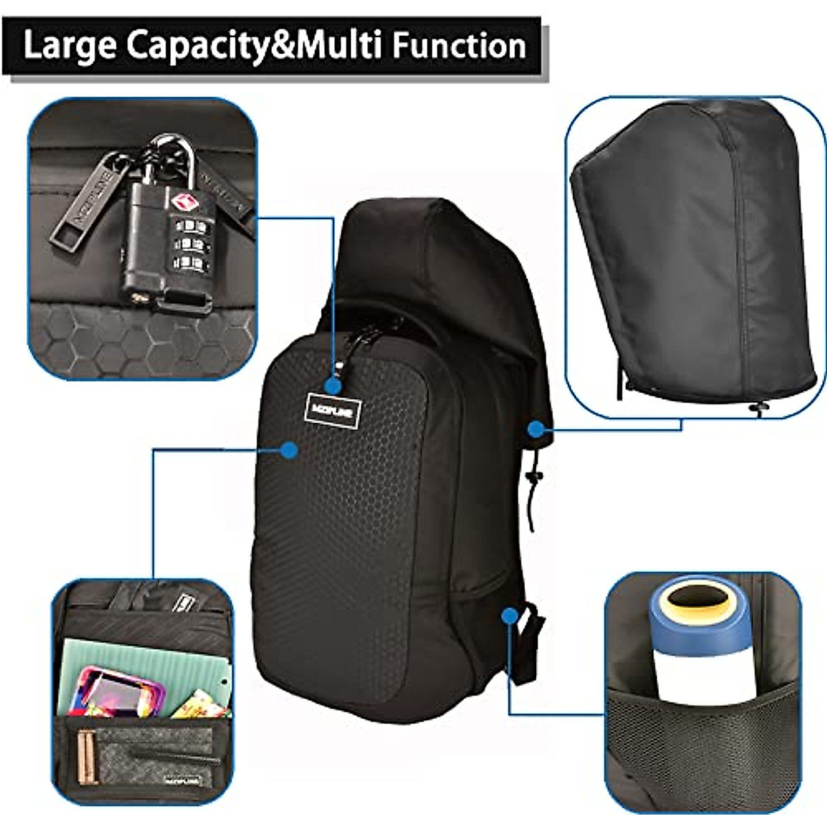 MZIPLINE Large Backpack Bag-Smell Proof-With Combination Lock & Hoodie-Odor Proof-Water Resistant,Anti Theft Travel Laptop Daypack School Bookbag for College Student Men & Women Work (Black)