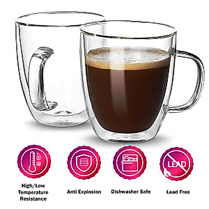 [12 Oz, 2Pack] Large Clear Glass Coffee Mugs Double Wall Insulated Glass Tea Cups with Handle Perfect Latte Cappuccino Heat Resistant , Dishwasher and Microwave Safe, 2 Count (Pack of 1)