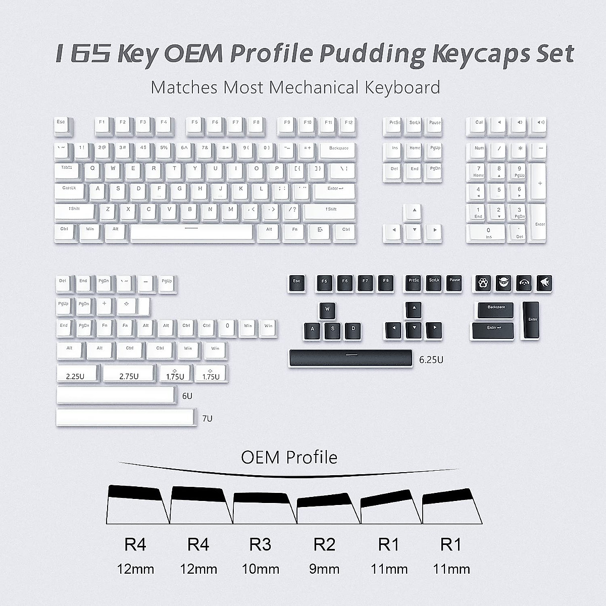 Womier Pudding Keycaps, PBT Keycaps 165 Keys Set Custom Keycap Set, Shine Through Keycaps OEM Profile, Universal Compatiability for 100%, 75%, 65%, 60% Keyboard-White