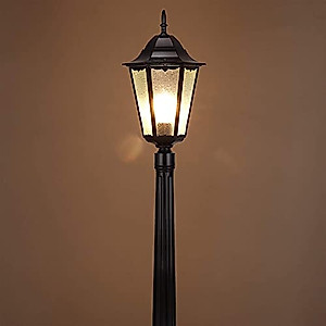 1-Light Black European Glass Lantern Street Light, Traditional Victoria Antique Outdoor Aluminum Metal Pillar Post Lamp Waterproof Column Lawn Villa Garden Landscape Pole Floor Lights D