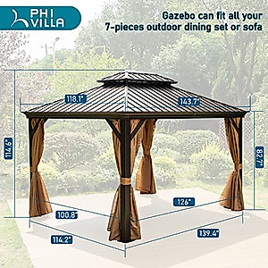 PHI VILLA 10' X 12' Outdoor Hardtop Gazebo on Clearance, Double Roof Gazebo with Curtains and Netting, Permanent Pavilion Gazebo with Aluminum Frame for Patios, Gardens, Lawns(Brown)