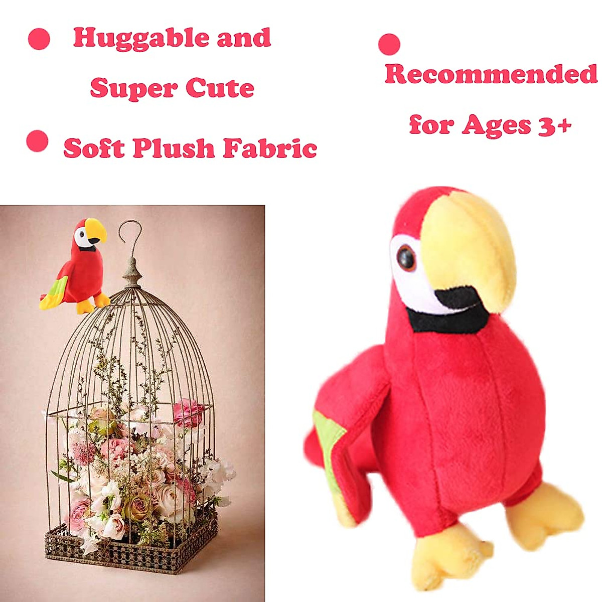 CHELEI2019 9.8" Parrot Plush Stuffed Animal Bird Soft Cute Realistic Red Parrot Toy for Kids