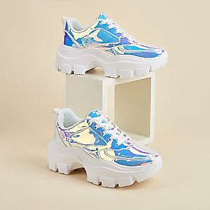 Niluber Women's Chunky Platform Sneakers Lace-Up Casual Fashion Walking Sport Shoes(White Hologram,7)
