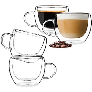 BOQO Glass Coffee Cups Set of 4,Double Walled Insulated Drinking Glass Coffee Mugs with Handle,Perfect for Latte, Cappuccinos, Tea Bag, Juice (240ml /8oz Water Glasses)…