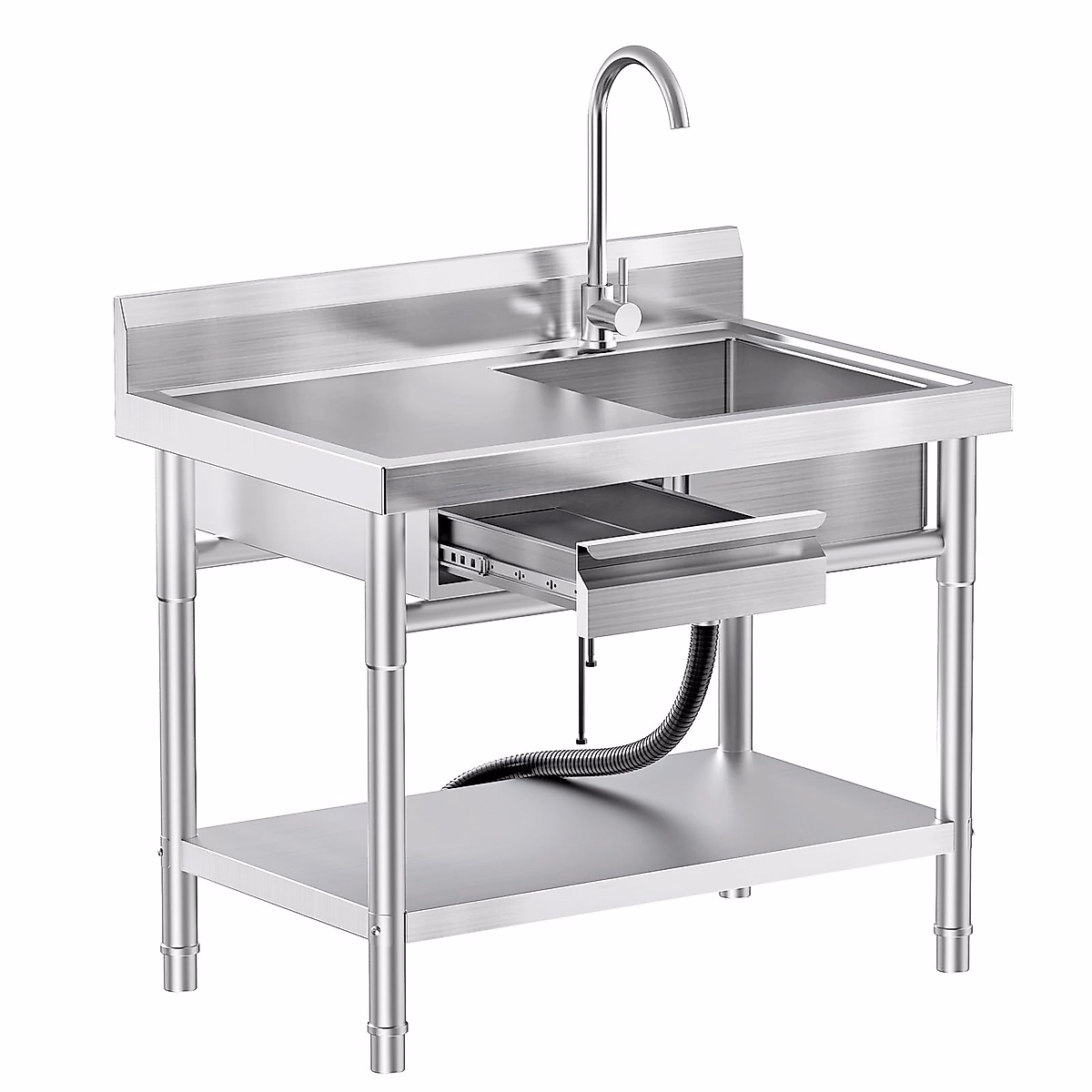 EHVCISTQ Stainless Steel Utility Sink Freestanding Single Bowl Laundry Sink with Hot and Cold Water Plumbing Workbench Drawers for Laundry Room Farmhouse Indoor and Outdoor Sink