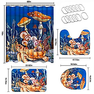 Alishomtll 4Pcs Mushroom Shower Curtain Sets with Non-Slip Rug, Toilet Lid Cover and Bath Mat, Sea Turtle Bathroom Sets, Funny Shower Curtains with 12 Hooks, Ocean Beach Kids Bathroom Sets