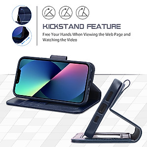 Arae Compatible with iPhone 13 Case with Card Holder and Wrist Strap Wallet Flip Cover for iPhone 13 6.1 inch-Blue