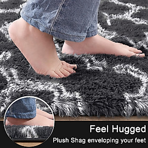 LOCHAS Luxury Shag Area Rug 8x10 Feet Geometric Plush Fluffy Rugs, Extra Soft Carpet Moroccan Rugs for Bedroom Living Room Dorm Kids, High Pile Shaggy Floor Rug Decor, Dark Grey and White