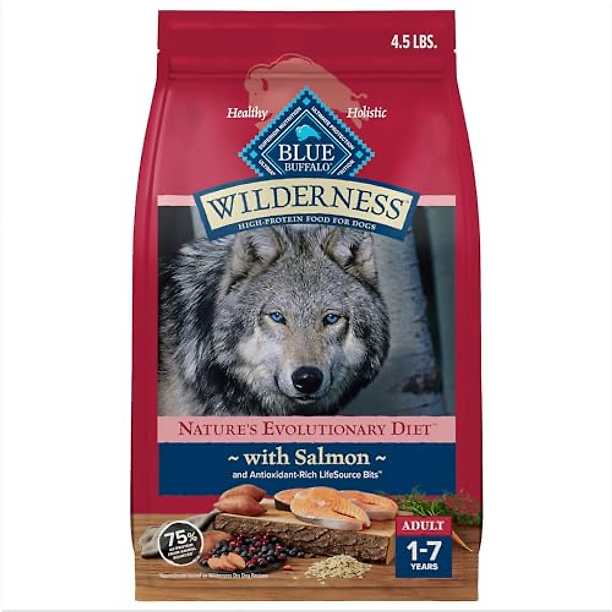 Blue Buffalo Wilderness Natural High-Protein Dry Food for Adult Dogs, Salmon Recipe, 4.5-lb. Bag