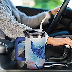 WYUSPGK 40oz Stainless Steel Car Mug, Sea Animals Stingrays Print Travel Mug, Double-Wall Insulated with Straw, Perfect for Car, Office, Outdoor