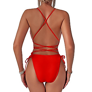 Lilosy Sexy Push Up Plunge Backless Tie Side High Cut Leg Thong Cheeky Brazilian One Piece Bikini Swimsuit Women Open Back Bathing Suit Criss Cross Monokini String Red Medium