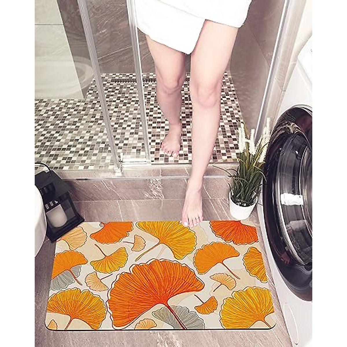 Fall Leaves Bath Mat for Tub,Non Slip Bathroom Floor Runner Rug Quick Dry & Absorbent Diatomaceous Earth Kitchen Room Shower Sink Washable Doormat,Retro Middle Century Orange Yellow Leaf 18"x30"