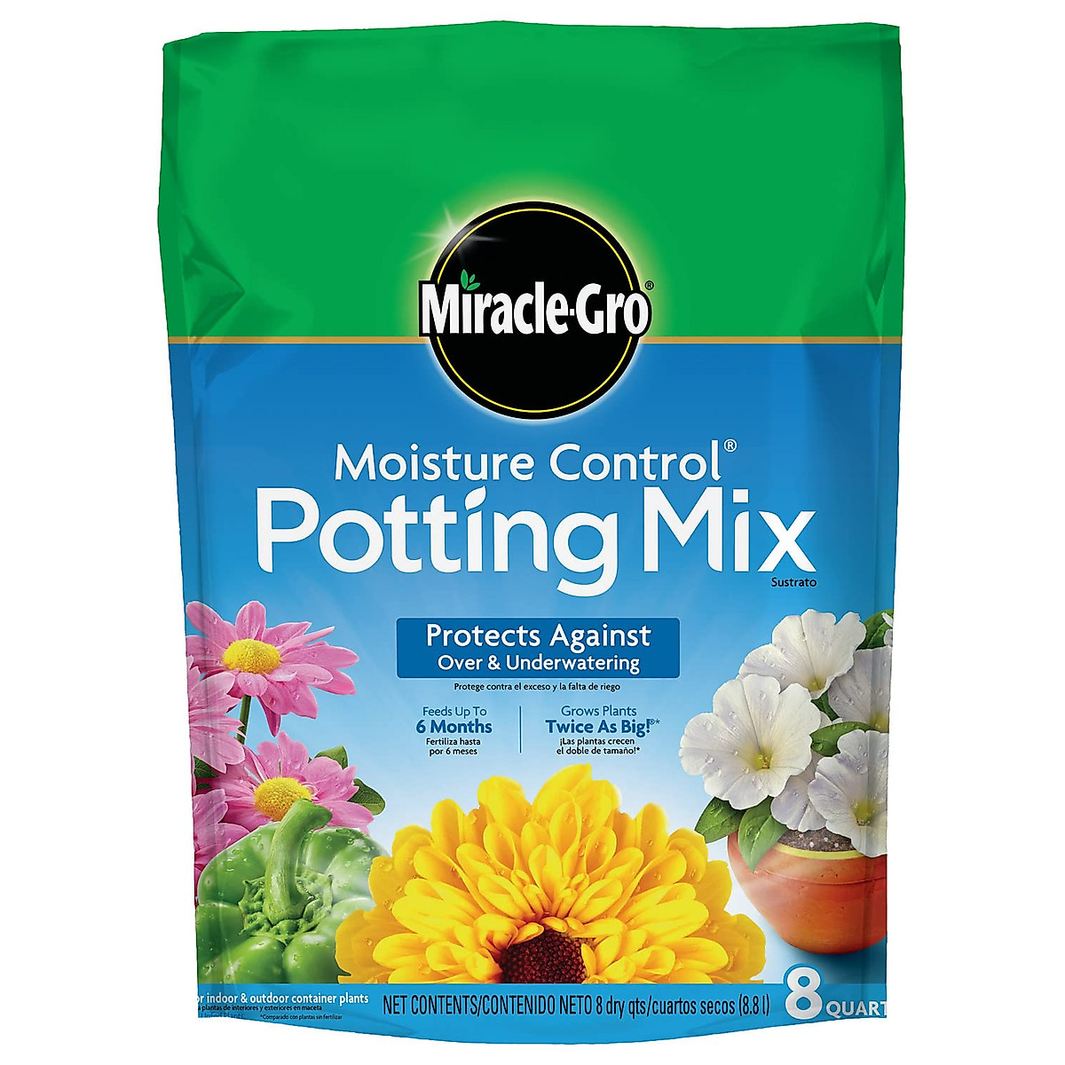 Miracle-Gro Moisture Control Potting Mix - Soil for Indoor & Outdoor Containers, Added Fertilizer Feeds Up to 6 Months, 8 qt.