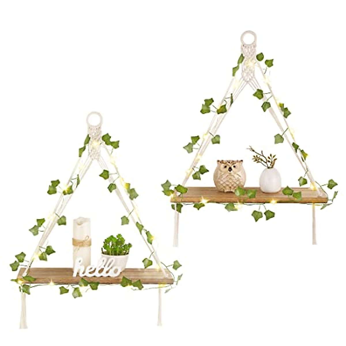 Mkono Artificial Ivy Macrame Hanging Shelves with Lights Set of 2 Boho Wall Decor Display Plants Photos Wood Floating Storage Shelf for Bedroom Bathroom Living Room Nursery Dorm Kitchen