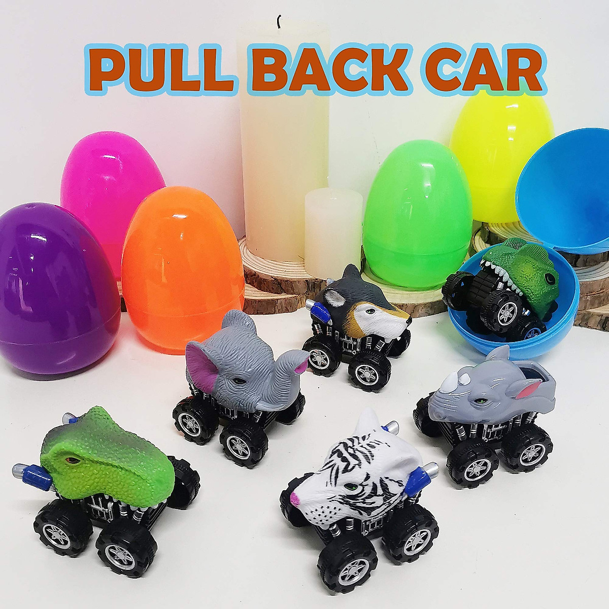 DR.DUDU Large Easter Eggs with Toys Inside, 4 X 3, 6 Pcs Easter Surprise Eggs with 6 Pcs Animal Pullback Toy Cars, Egg Toys for