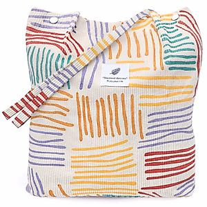 LHMTQVK Corduroy Tote Bags for Women, Large Capacity Corduroy Bag Reusable Grocery Shoulder Bag with Inner Pockets(Color stripes)