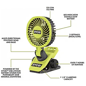 Buho Clamp Fan Accessory Bundle - Ryobi USB Fan Powerful Cooling Adjustable Head Multi-Directional Airflow 2 Speed Settings 135 CFM 7 Hours Runtime Clamping Capacity Zipper Pouch