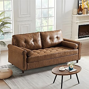 JEEOHEY Small Couch, 60 Inch Mid-Century Modern Faux Leather Upholstered Loveseat Sofa Furniture for Small Space, Living Room, Bedroom, 2 Throw Pillows, Rolled Arm, Back Cushion, Brown
