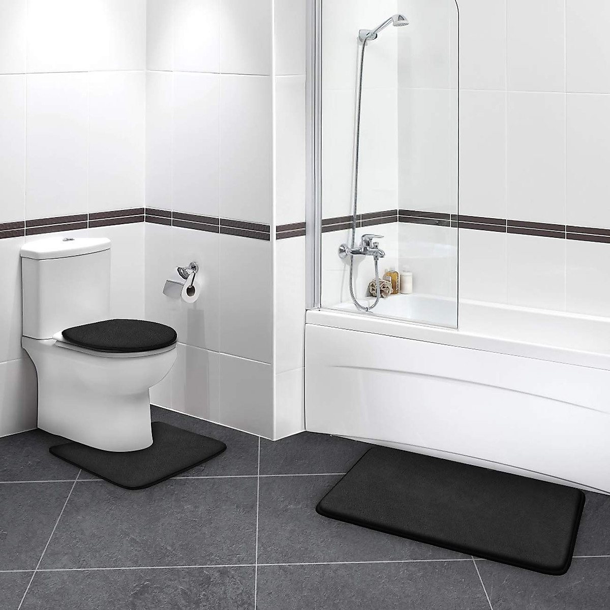 FEELSO Memory Foam Bath Mat Set, 3 Piece Bathroom Rugs Non Slip and Absorbent Mats, 20x31 Inches Floor Mat, 20x22 Inches U-Shaped Contour Rug and Toilet Lid Cover for Tub Shower & Bath Room, Black