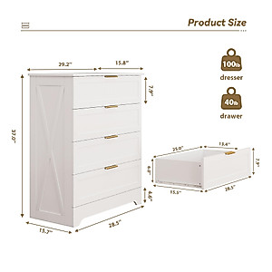 White 4 Drawer Dresser for Bedroom, Tall Bedroom Dresser with Large Drawer & Golden Handles, Wooden Storage Organizer Cabinet Chest of Drawer for Closet, Living Room, Hallway, Children's Room