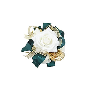 DESUNESS Ivory Rose Wrist Corsage Wristlet Band Bracelet and Men Boutonniere Set with Dark Green Ribbin for White Wedding Flower Accessories Prom Suit Decorations