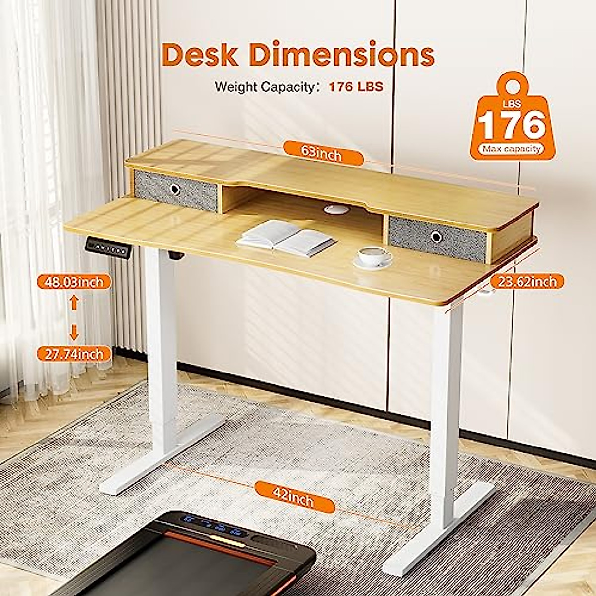 Sweetcrispy Electric Standing Desk Adjustable Height Stand Up Desk, 63 x 24 Inch Sit Stand Desk Adjustable Desk, Home Office Computer Desk with Storage Shelf, Double Drawer, Splice Board, Oak Desktop