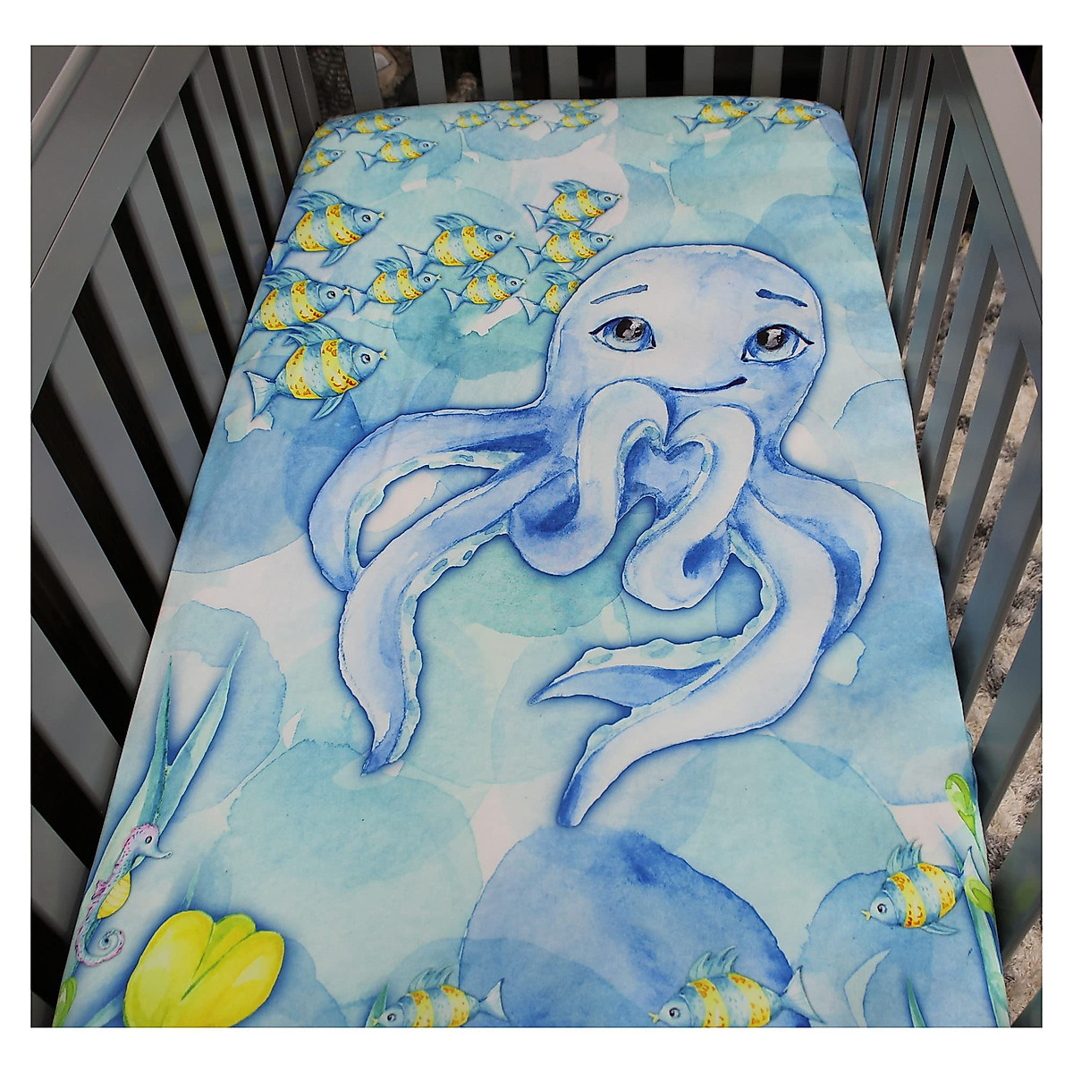 Dear Baby Gear Deluxe Crib Sheet Cotton Polyester Baby Crib Sheets, Soft Machine-Washable Crib Mattress Sheet - Octopus Under The Sea Ocean Bubbles and Sea Creatures, 52"x28"x10"