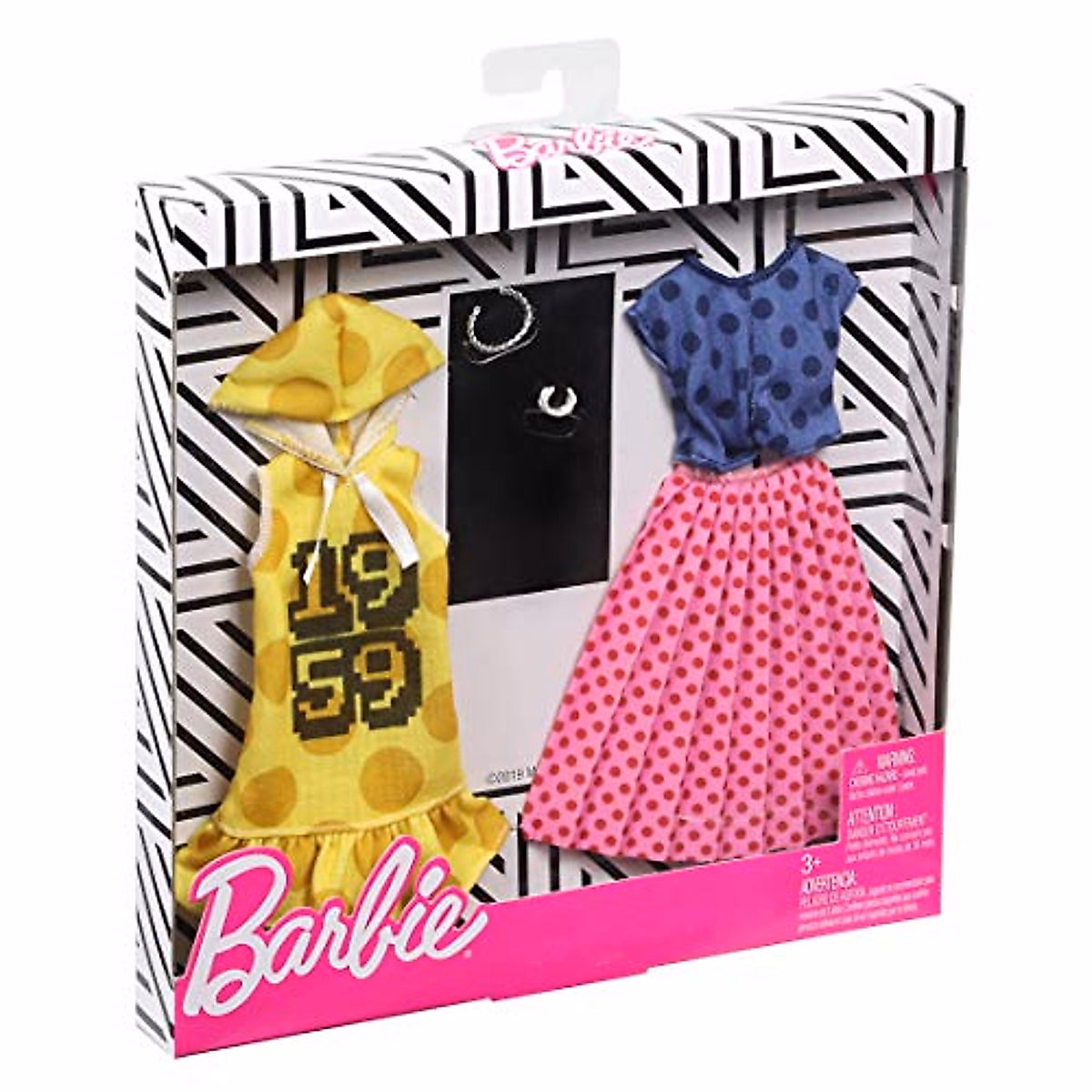 Barbie Clothes -2 Outfits for Barbie Doll Feature Polka Dots on a Yellow Hoodie Dress, a Blue Top and Pink Skirt, Plus 2 Accessories, Gift for 3 to 8 Year Olds