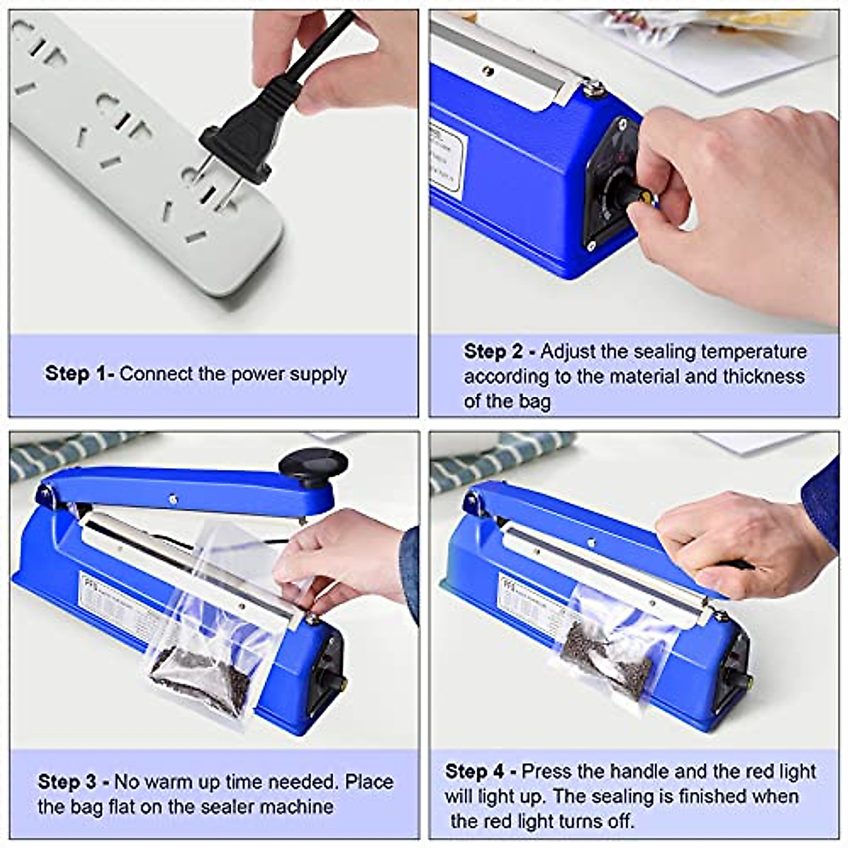 Suteck 8 inch Impulse Bag Sealer, Manual Poly Bag Sealing Machine w/Adjustable Timer Electric Heat Seal Closer with 50Pcs 4X6 Inch Shrink Wrap Bag and 2 Free Replacement Kit (Sapphire)