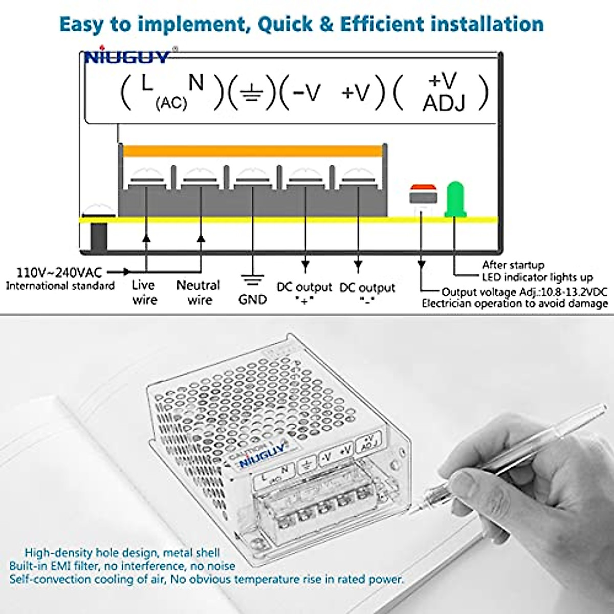 NiuGuy Switching Converter,110V/240V AC to DC 12V 5amp 60W Power Supply, Universal Regulated Transformer Adapter Driver for LED Strip Lights, CCTV, Radio, Security System, Computer Project