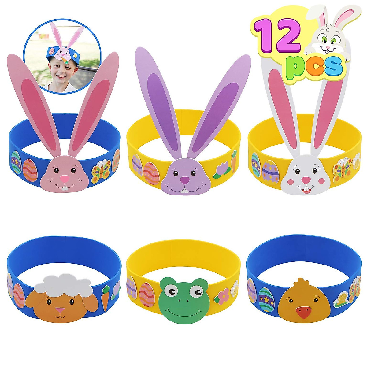 JOYIN 12 Pcs Easter Foam Headband for Easter Apparel Craft Kits with Rabbit Bunny, Chick, Frog, Lamb Headband for Hat & Mask Pretend Play, Dress-Up Party Accessory, and Theme Party