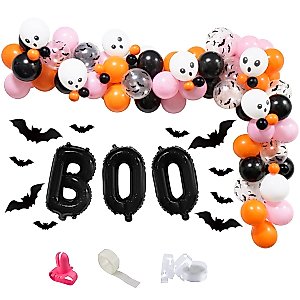 100Pcs Halloween Balloon Arch Garland Kit,Pink Black Orange Halloween Balloons Arch with BOO Foil Balloons,Skull Balloons,Bats Wall Stickers for Halloween Theme Party,Halloween Day Party Decorations