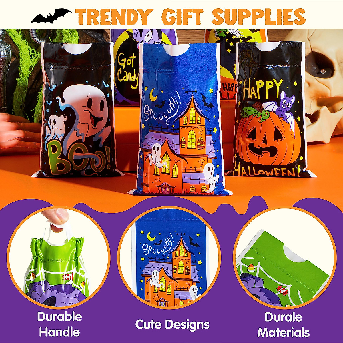 JOYIN 60 Pcs Halloween Drawstring Treat Bags, Goodie Candy Trick or Treat Bags Bulk, 6 Design Goody Bags for Trick or Treating, Small Plastic Snack Gifts Bags for Kids Halloween Party Favors Supplies