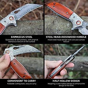 Tusonac Hunting Folding Knife with Leather Sheath, Protable Pocket Knife for Men, Handmade Forged VG10 Damascus Steel Knife with Engraved Steel Bolster, For Camping, Hiking and Daily