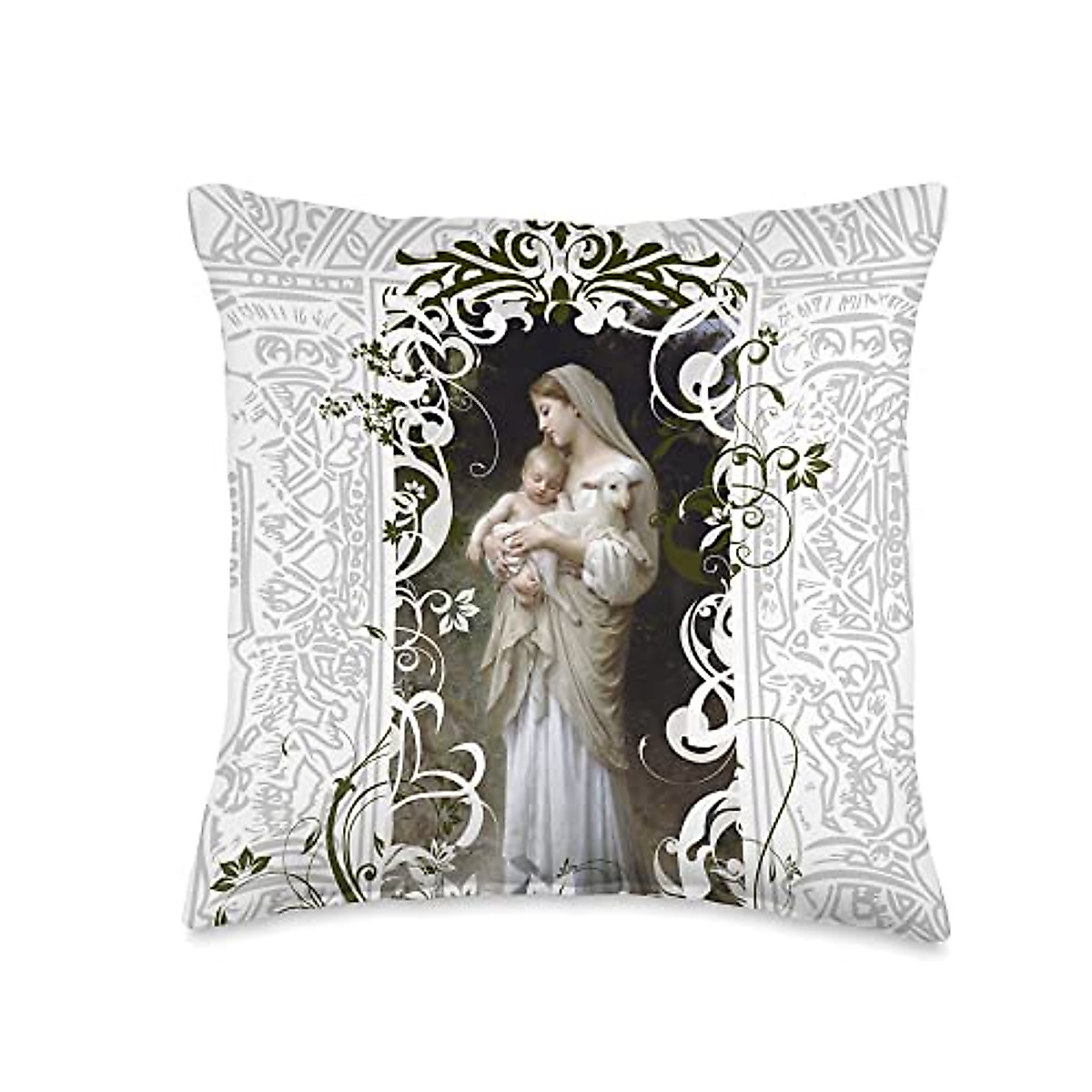 Happy Catholics Innocence Bouguereau Art Catholic Mary and Baby Jesus Lamb Throw Pillow, 16x16, Multicolor