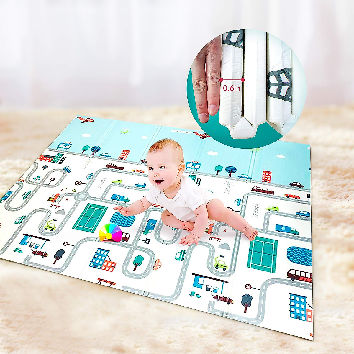 Foldable Baby Play Mat 0.6 Inch Thick Waterproof Baby Crawling Mats 79” x 71” Extra Large Play Mats for Babies Reversible Multifunctional Mats (0.6inch car)