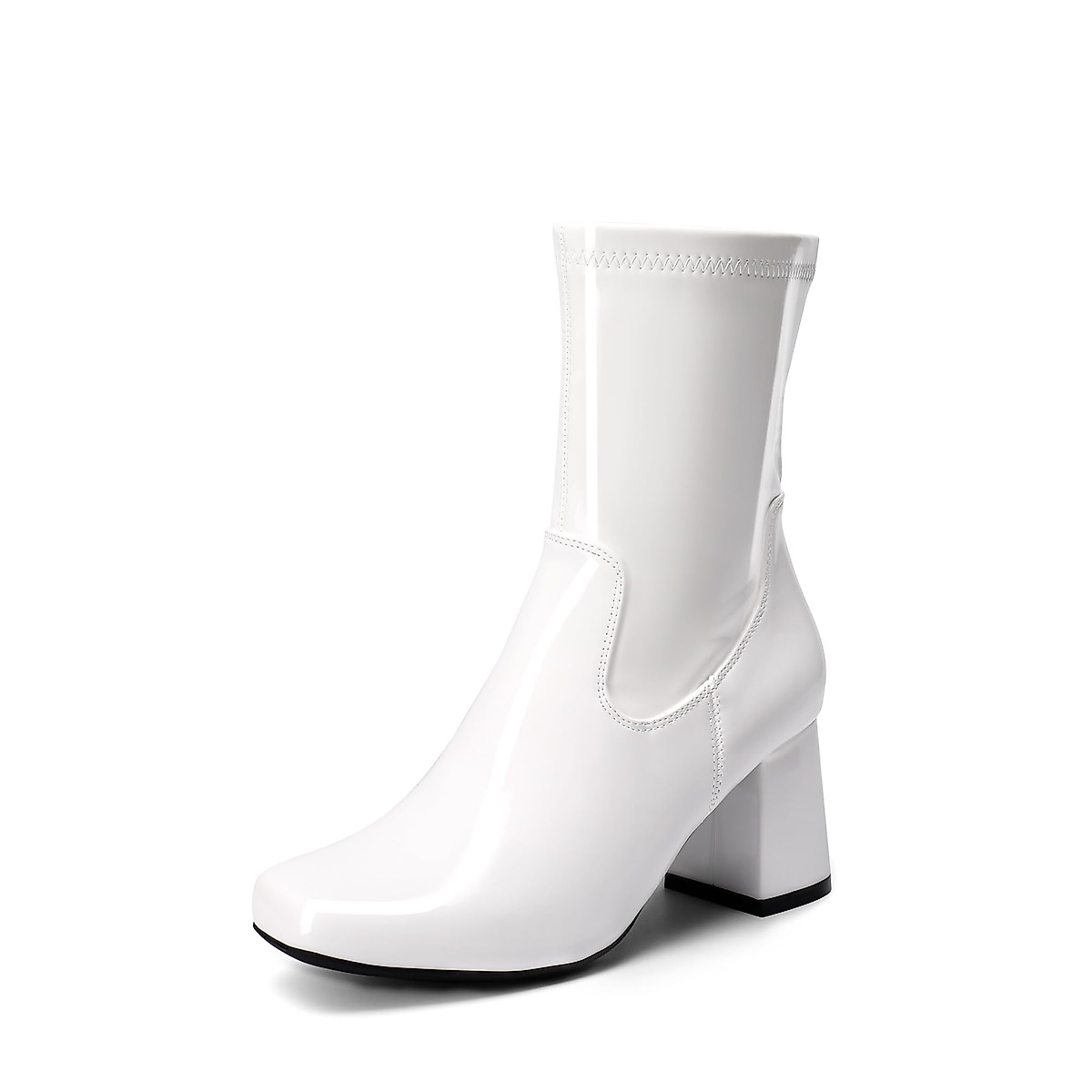 DREAM PAIRS Women's Go Go Boots Mid Calf Low Block Heel Boots Zipper Square Toe Ankle Boots For Party Cosplay Dance,Size 8.5,WHITE-PAT,SDMB2301W